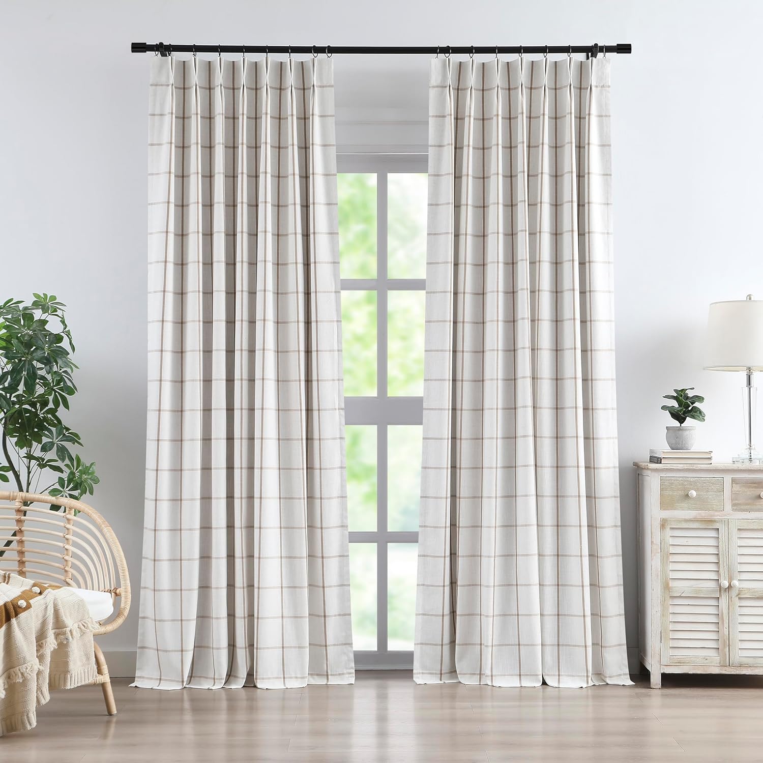 Amazon.com: Vision Home Flax Linen Plaid Pinch Pleated Full Blackout ...