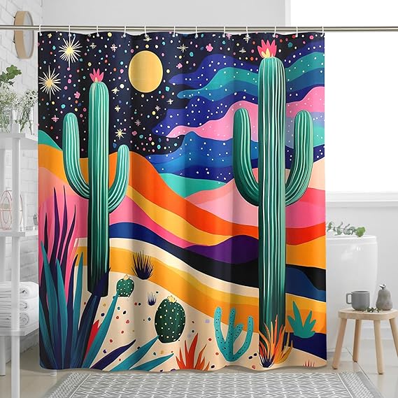 Trippy Duschvorhang-Set mit Western-Kaktus, 155 x 183 cm, mit Haken, psychedelische tropische ...