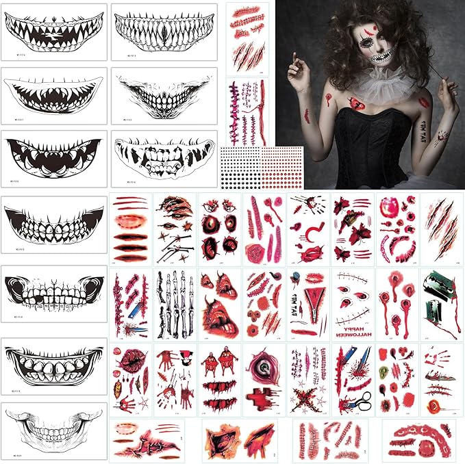 Halloween Temporary Tattoos Face Stickers, 40 Sheets Big Mouth Tattoo ...