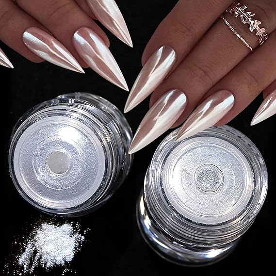Amazon.com: 2Pcs White Pearl Chrome Nail Powder Super Glossy Metallic ...