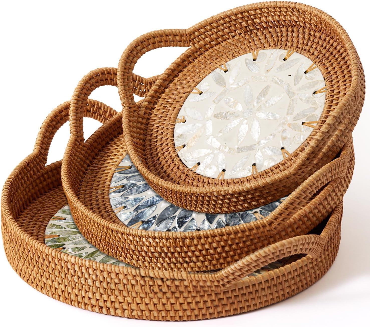 Amazon.com: Set of 3 Handwoven Rattan Serving Trays with Natural Shell ...