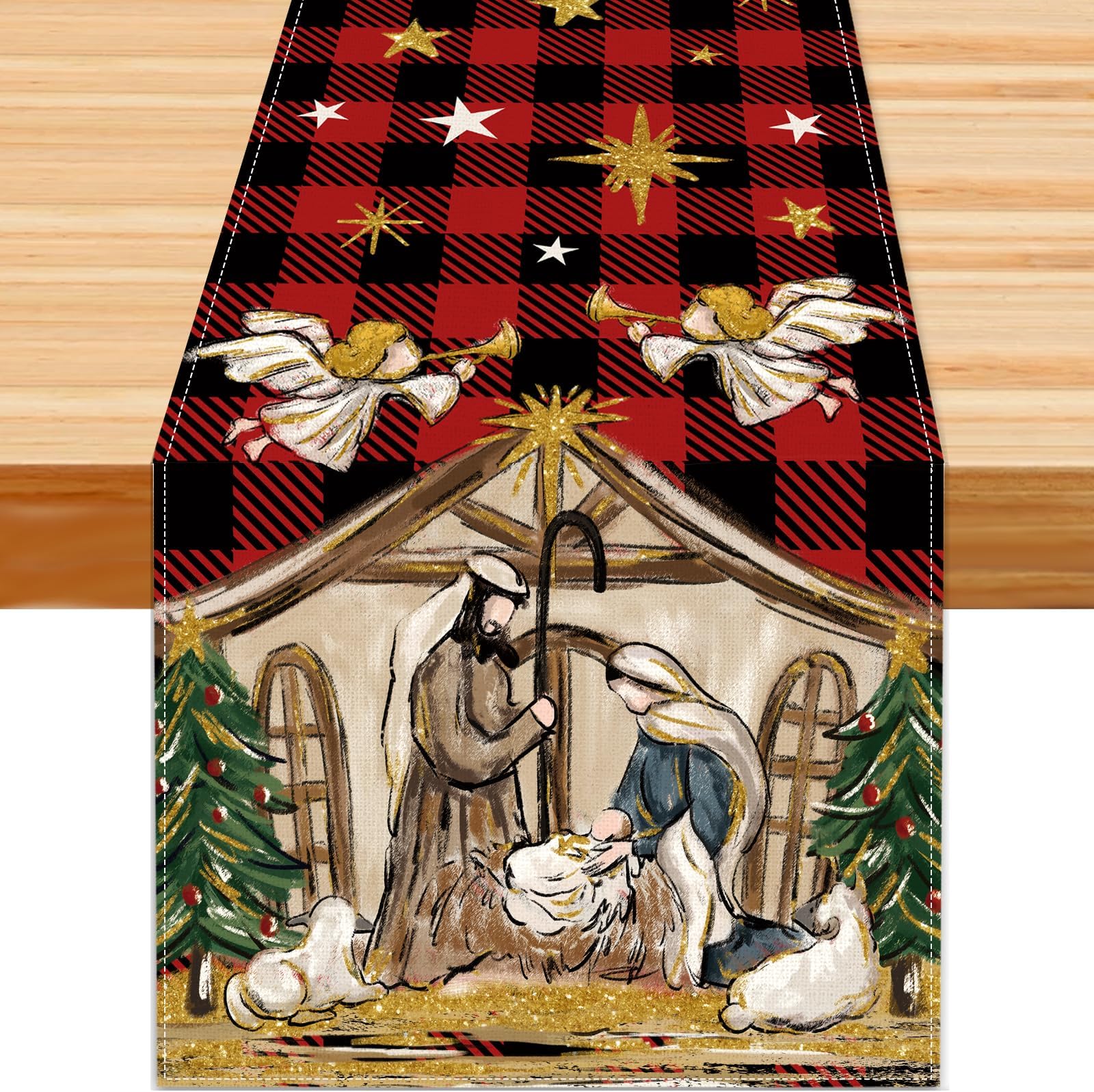 Amazon.com: Linen Blue Christmas Nativity Scene Table Runner Holy Night ...