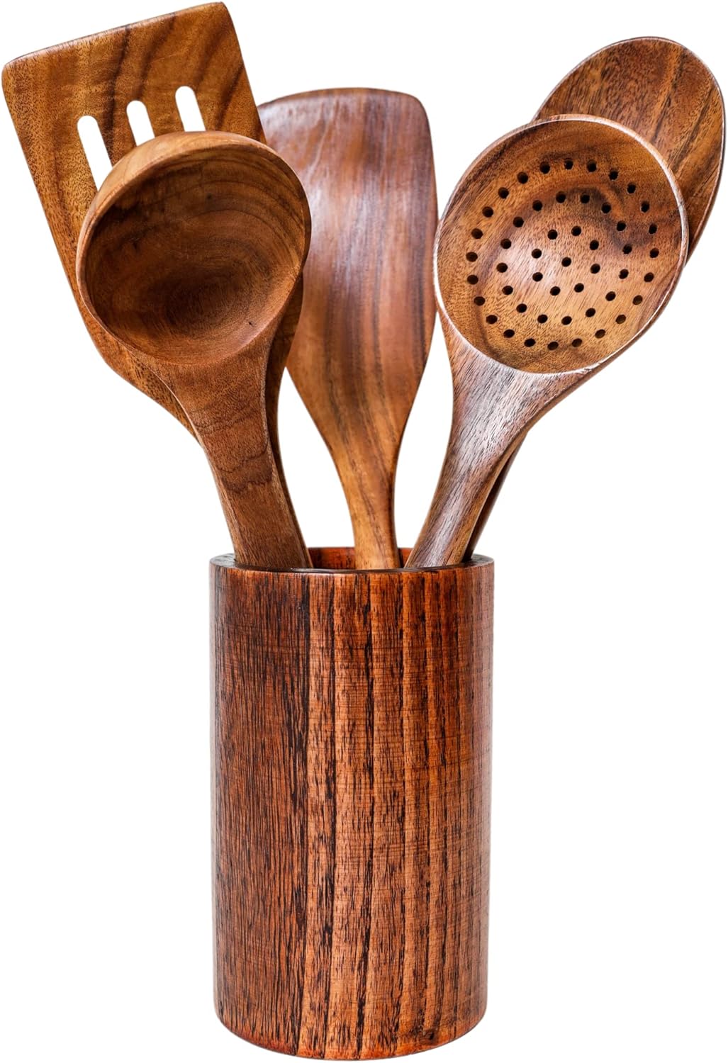 Amazon.com: 5 Piece Teak Wooden Cooking Spoons Set and Wooden Holder ...