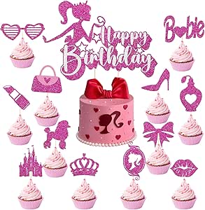 Amazon.com: SKJIAYEE 25 Pcs Hot Pink Girls Birthday Cake Topper Pink ...