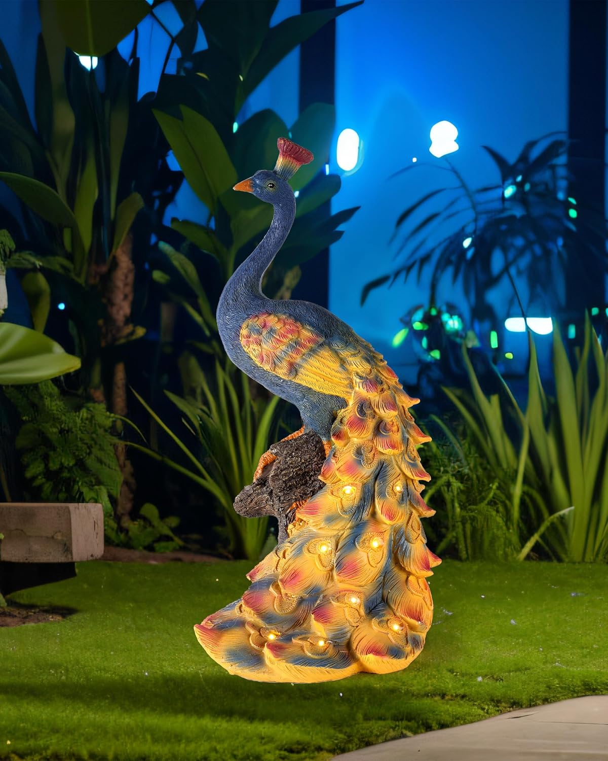 iStatue Solar Powered Garden Peacock 13.4'' - Resin Outdoor Figurine ...
