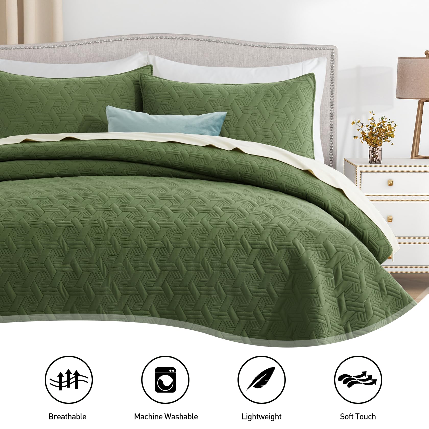 Lavsiry King Size Olive Quilt Bedding Set, Summer Lightweight Green ...