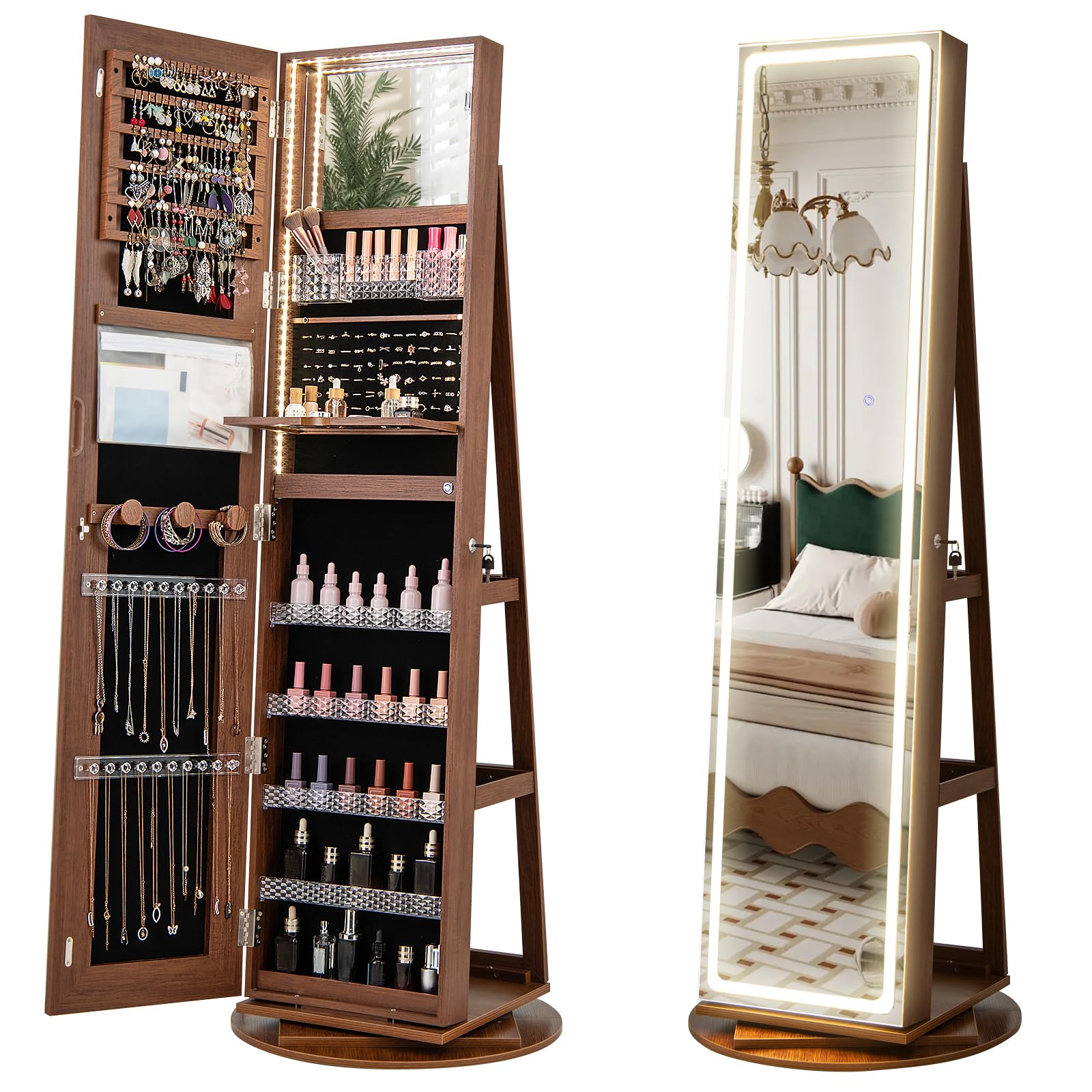 Amazon.com: CHARMAID LED Mirror Jewelry Cabinet Armoire 360° Swivel ...