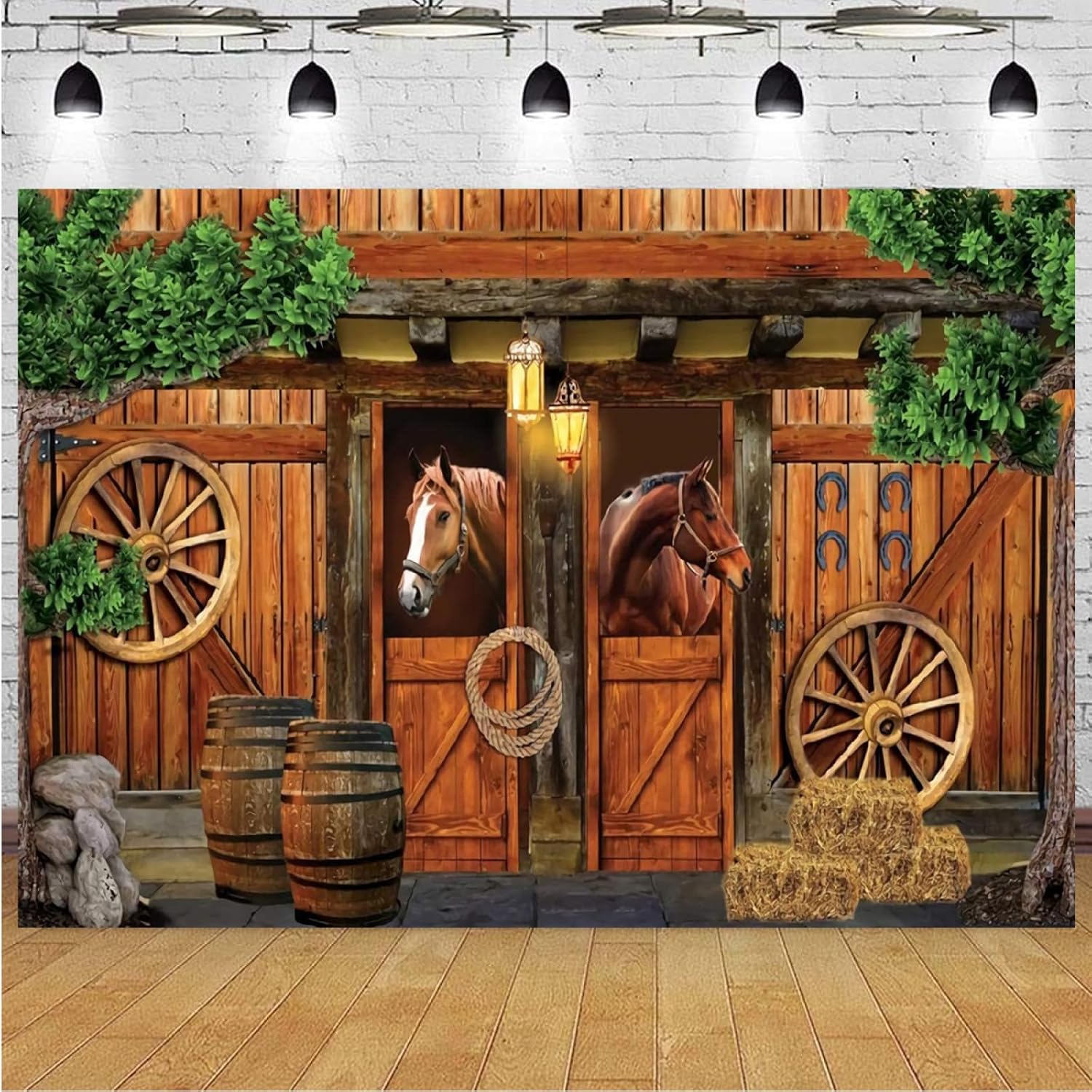 Amazon.com : One Wild West Stable Backdrop Cowboy Horse Brown Barn Door ...