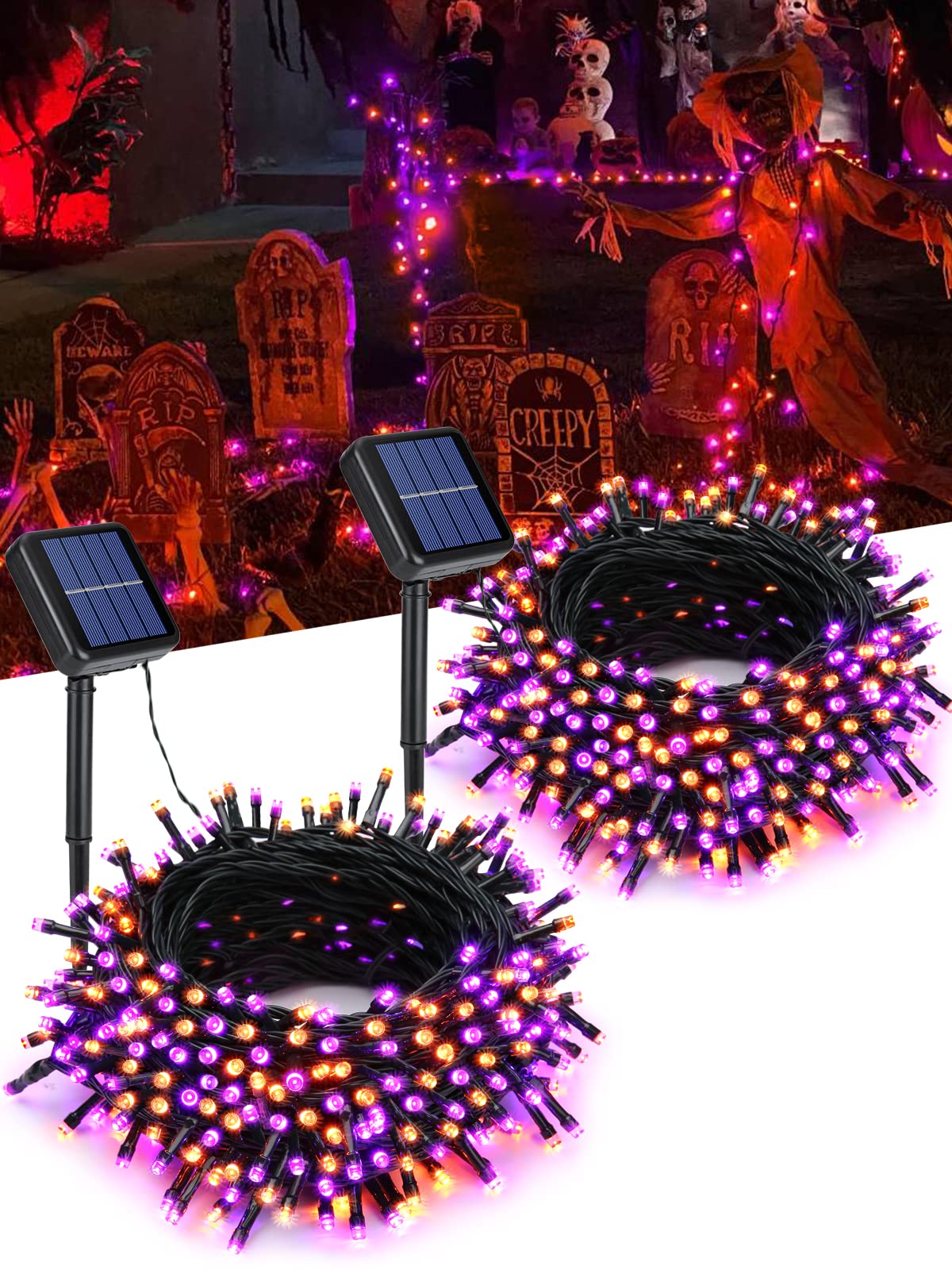 Flacchi 2 Pack Solar Halloween Lights Total 144ft 400 LED 8 Modes ...
