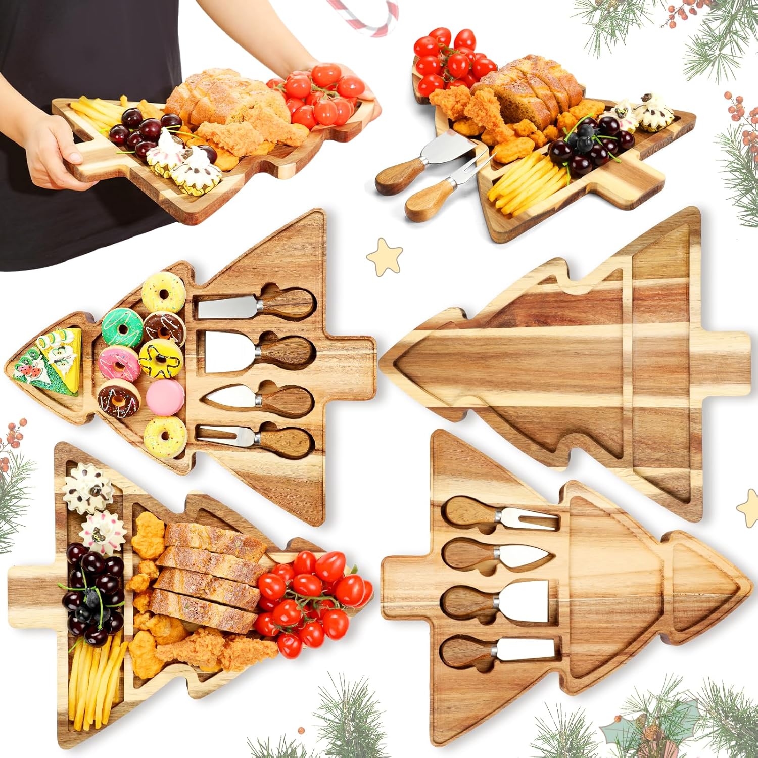 Amazon.com | Gerrii 2 Sets Acacia Christmas Tree Charcuterie Boards Set ...