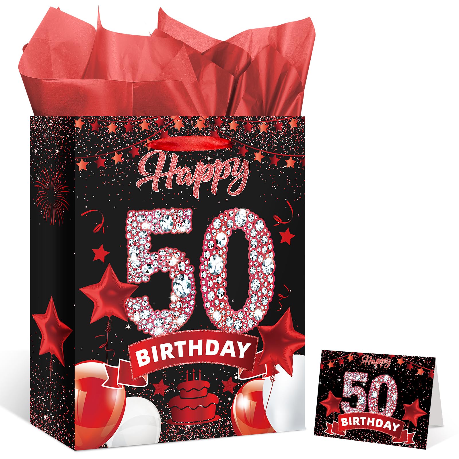 Amazon.com: Red Black 50th Birthday Gift Bag with Happy 50th Birthday ...