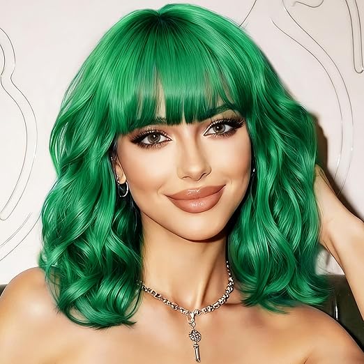 Green Wig with Bangs Short Wavy Bob Wig Loose Color Shoulder Length ...