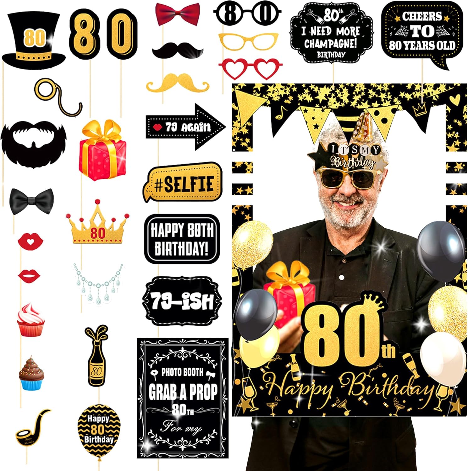 Amazon.com: LaVenty Black Gold Glitter 80th Birthday Party Photo Booth ...