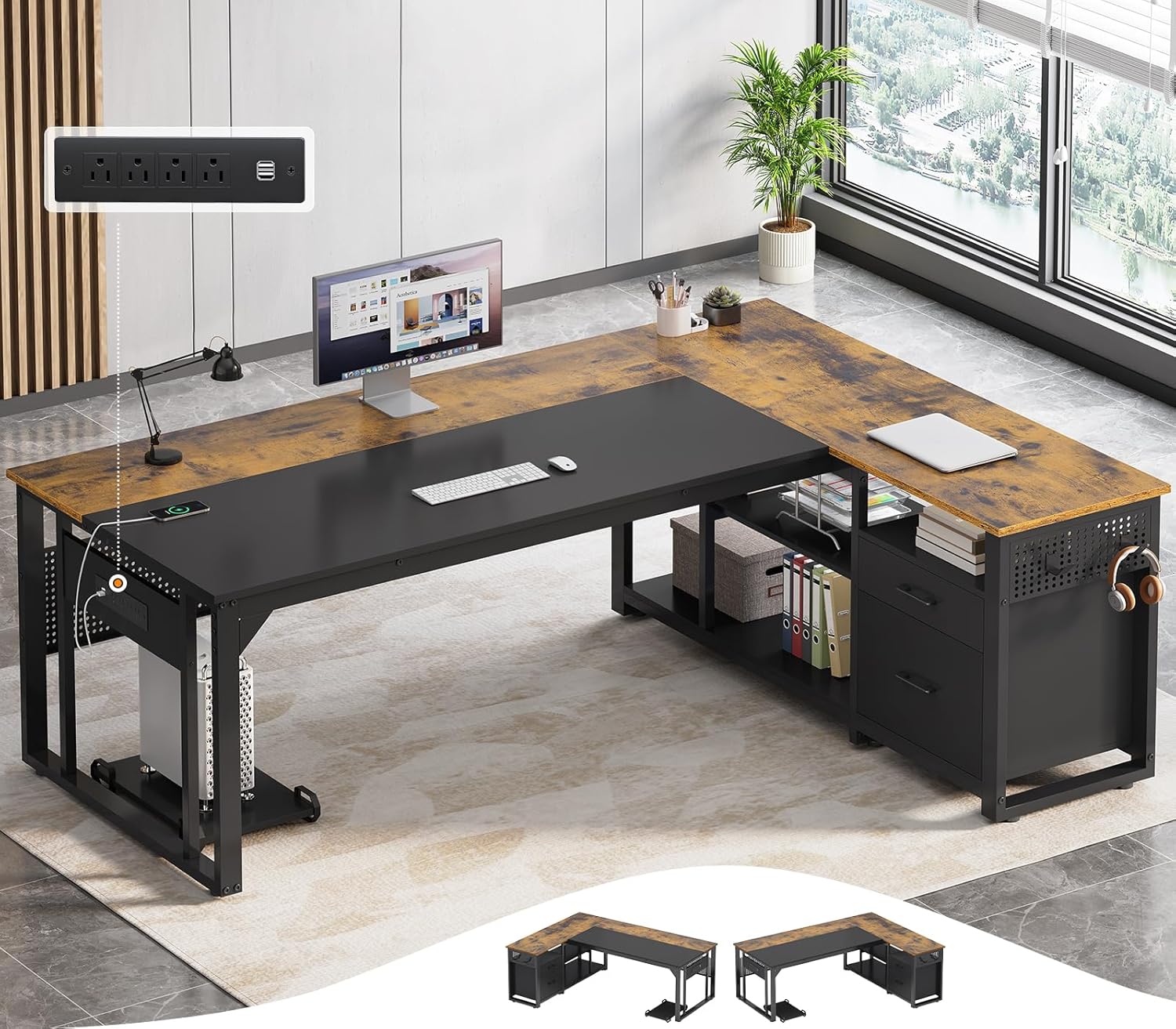 Amazon.com: UPOSOJA 71 in Executive Desk with Power Outlets, Reversible ...