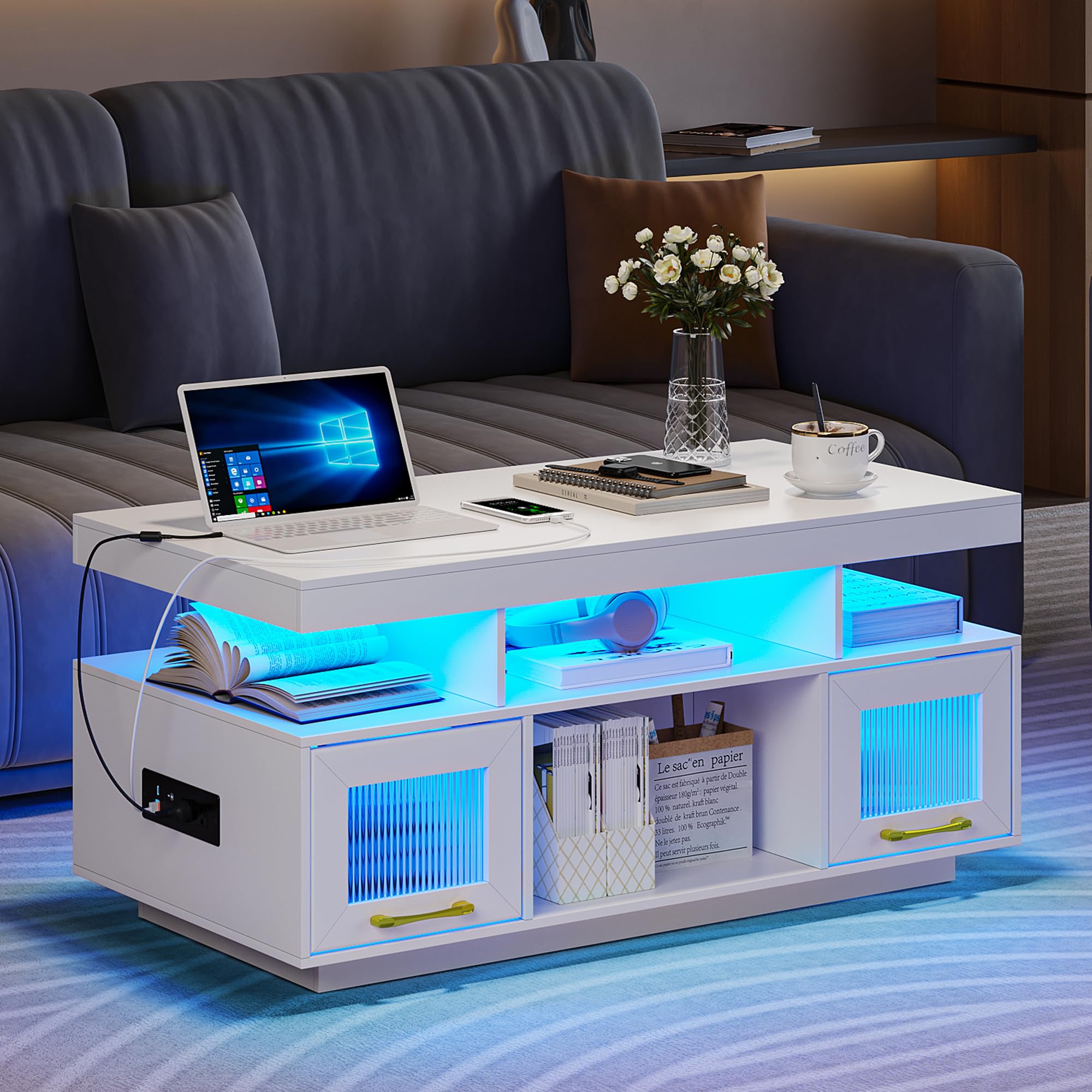 Buy LED Coffee Table with Charging Station ＆ 4 Storage Spaces, Modern ...