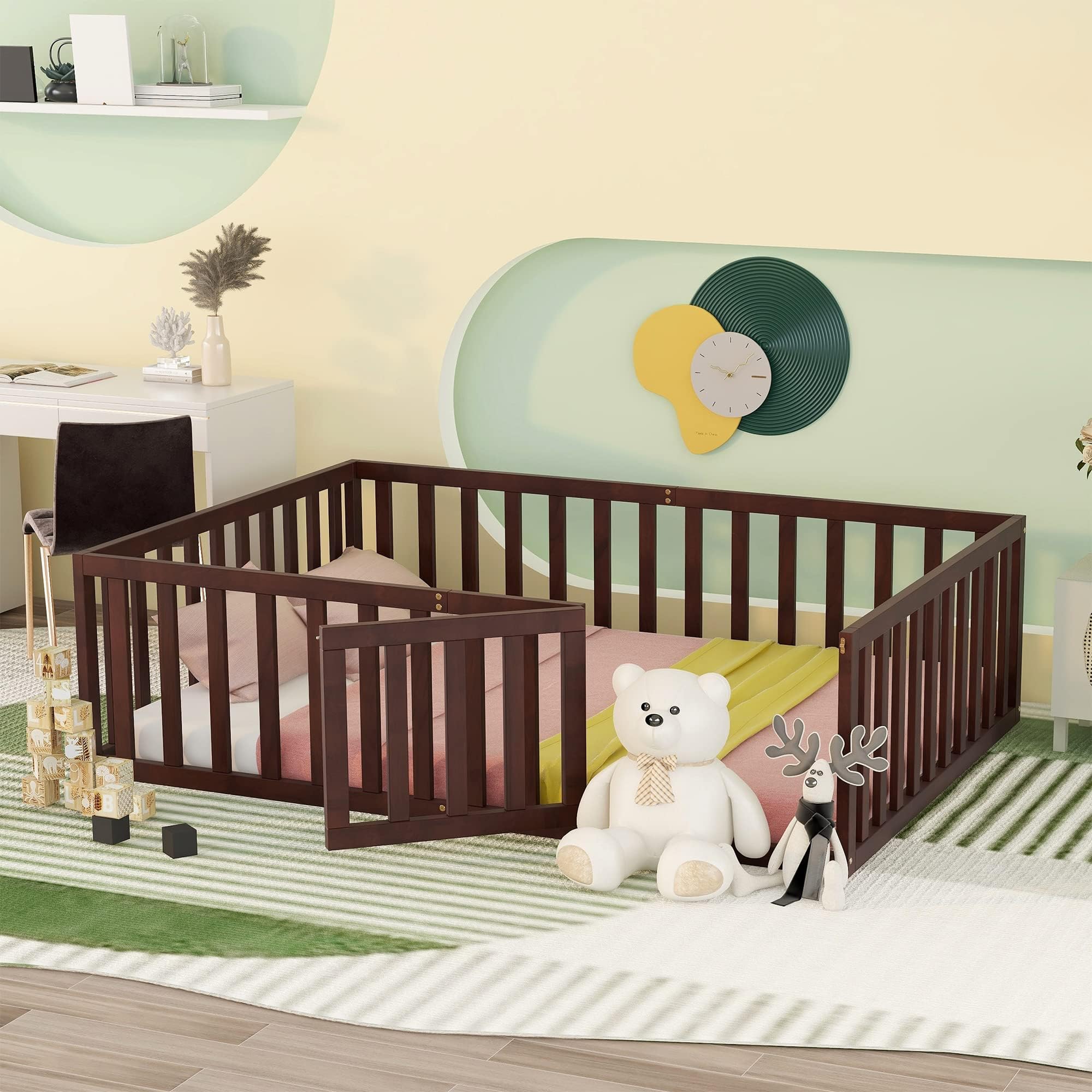 Amazon.com: Full Size Floor Platform Bed with Fence, Wooden Playpen Bed ...