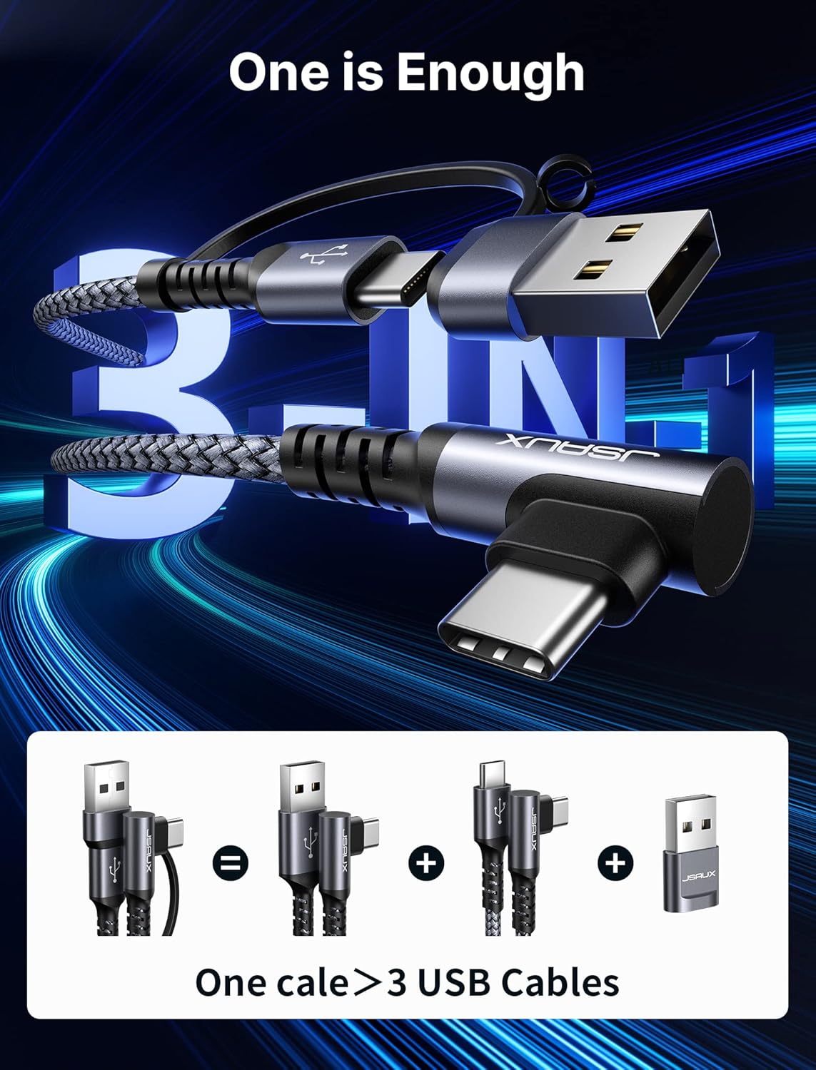 JSAUX Cable USB AC a USB C en ángulo recto de 90 de 100 W + cable USB ...