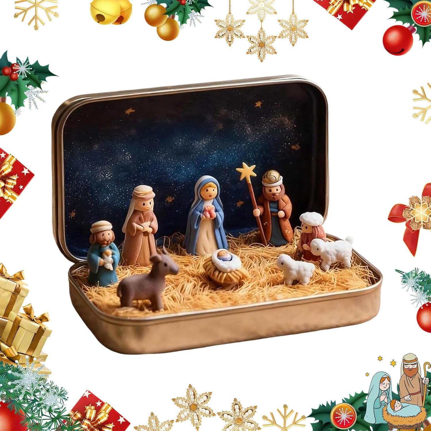 Amazon.com: PMDYBY Mini Christmas Nativity Set in a Tin Box, Portable ...