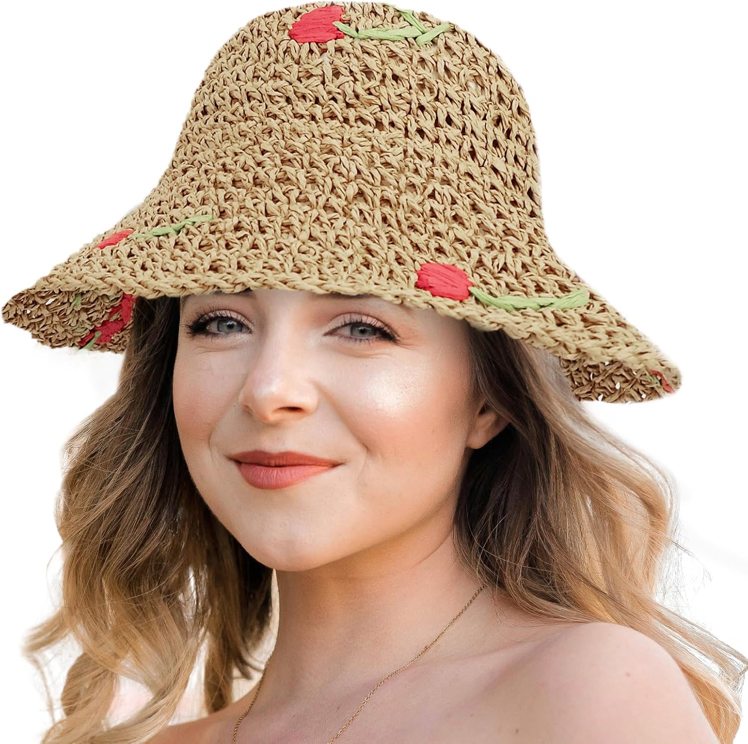 Gllutt Women Straw Sun Hat Foldable Beach Hat Wide Brim Floppy Bucket ...