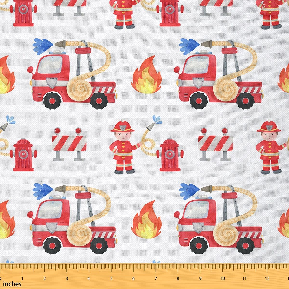 Amazon.com: Fire Engine Upholstery Fabric, Cute Cartoon Fireman Car ...