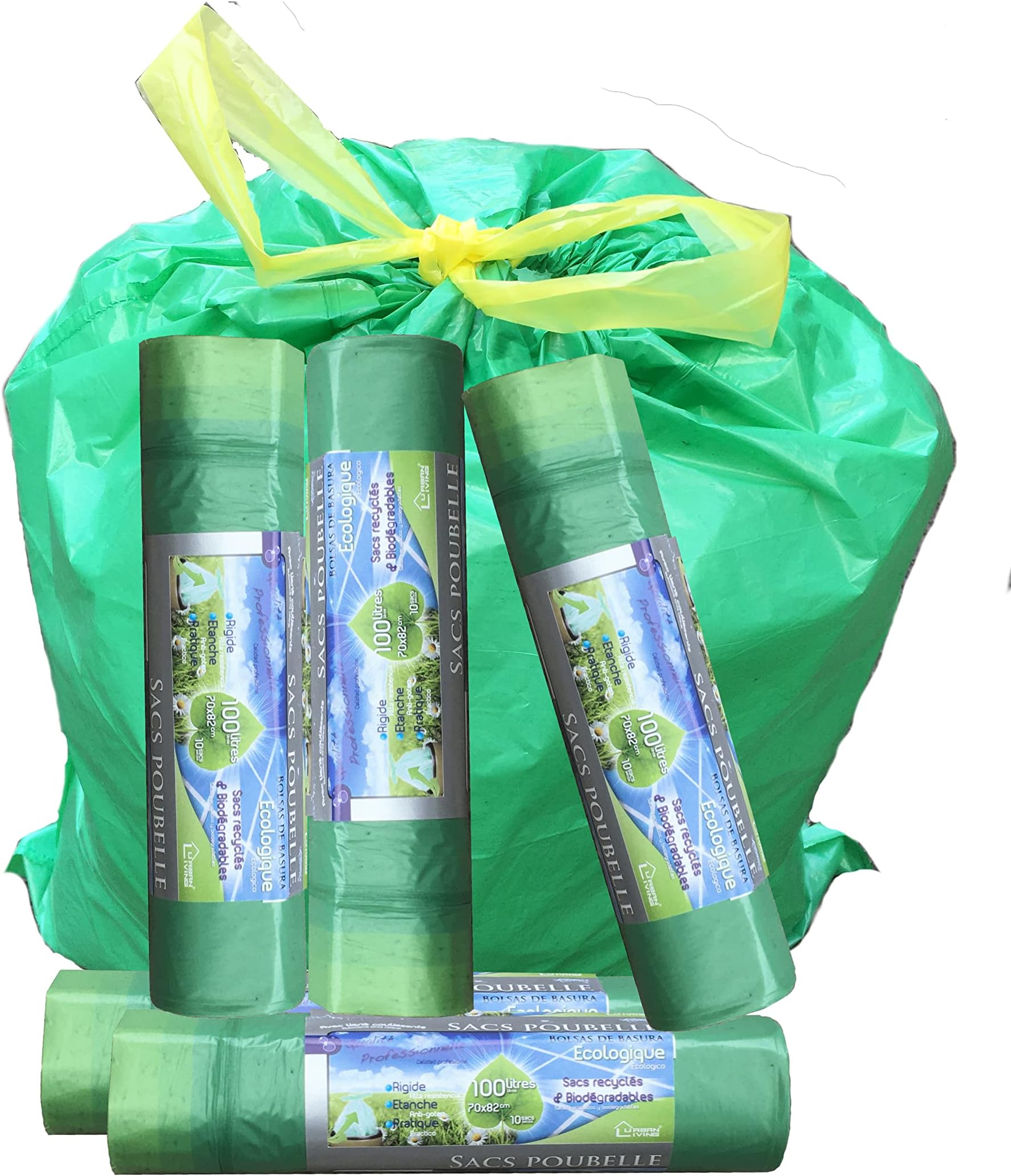 Lot 50 sacs poubelle 100 L, recyclé biodégradable avec lien coulissant ...