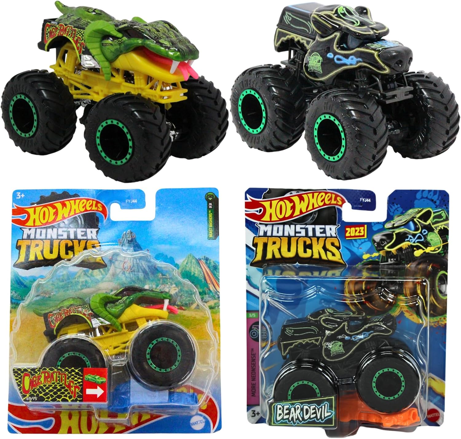 Hot Wheels Monster Trucks - 1:64 Scale Diecast - Cage Rattler & Bear ...