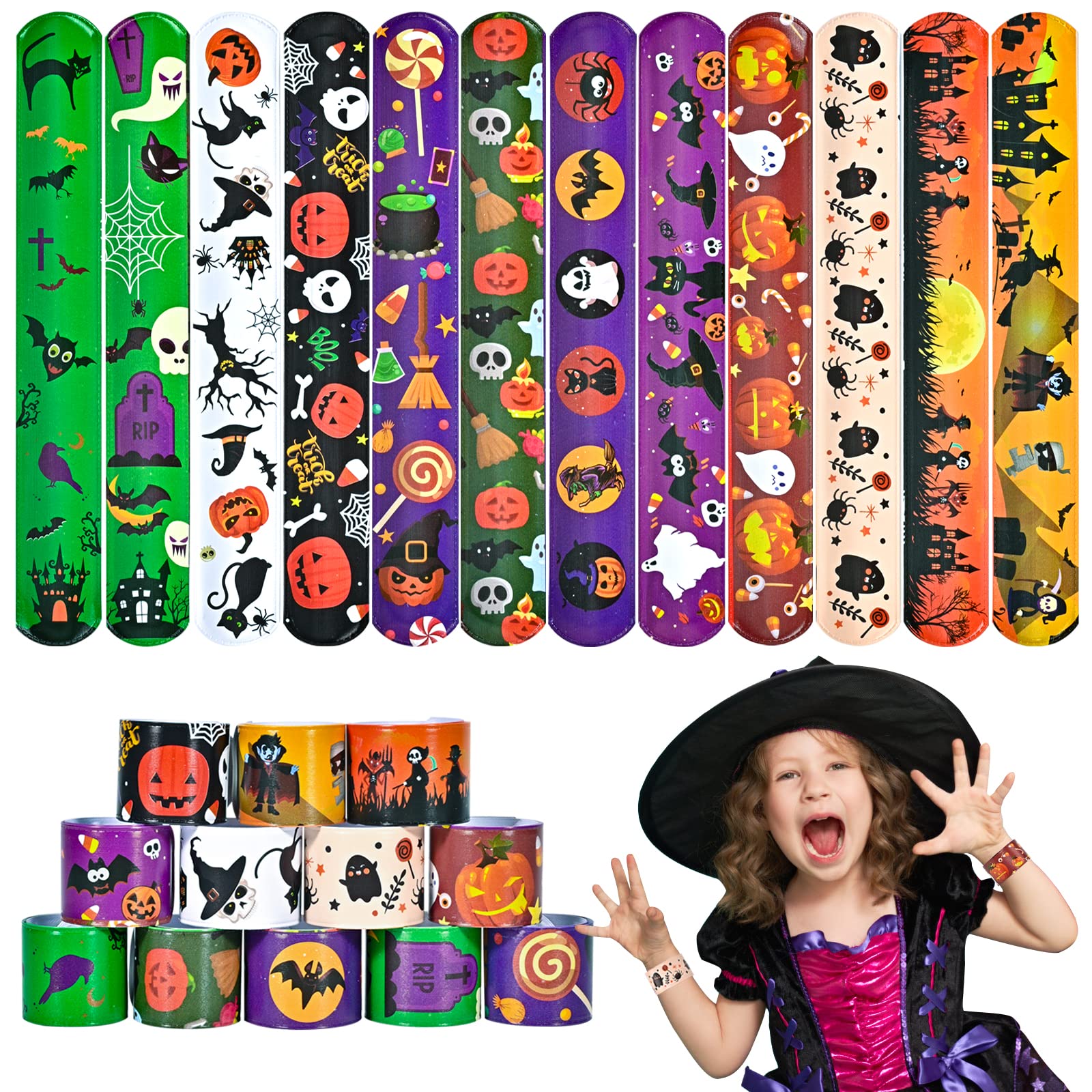Amazon.com: 48pcs Halloween Slap Bracelets,Assorted Snap Bracelet ...