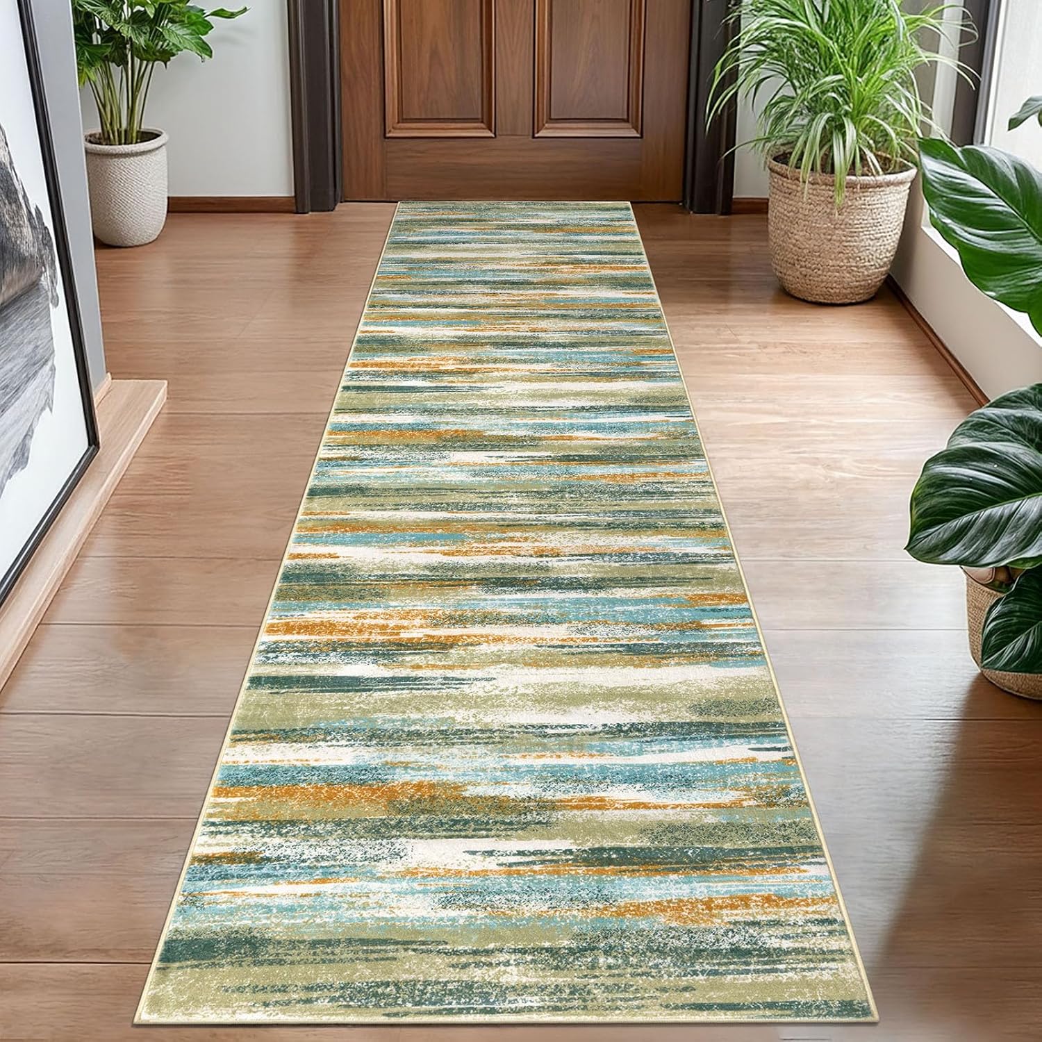 Amazon.com: Lansny Modern Abstract Hallway Runner Rug, Green Mustard ...