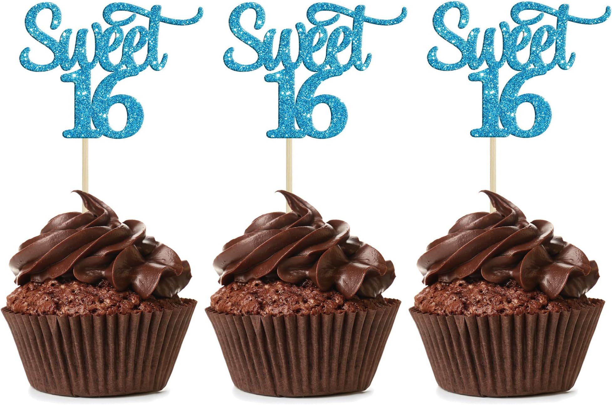 Amazon.com: Gyufise 24Pcs Sweet 16 Cupcake Toppers Blue Glitter Sixteen ...