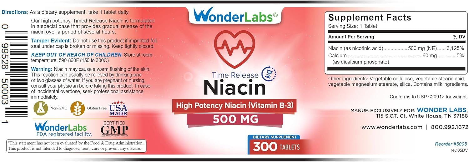 Wonder Laboratories Niacina de liberación temporal de alta potencia (vitamina B3) 500 mg 300 ...