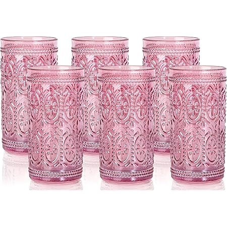 Amazon.com | 6 Pack Pink Glassware Drinking, 12oz Highball Embossed ...