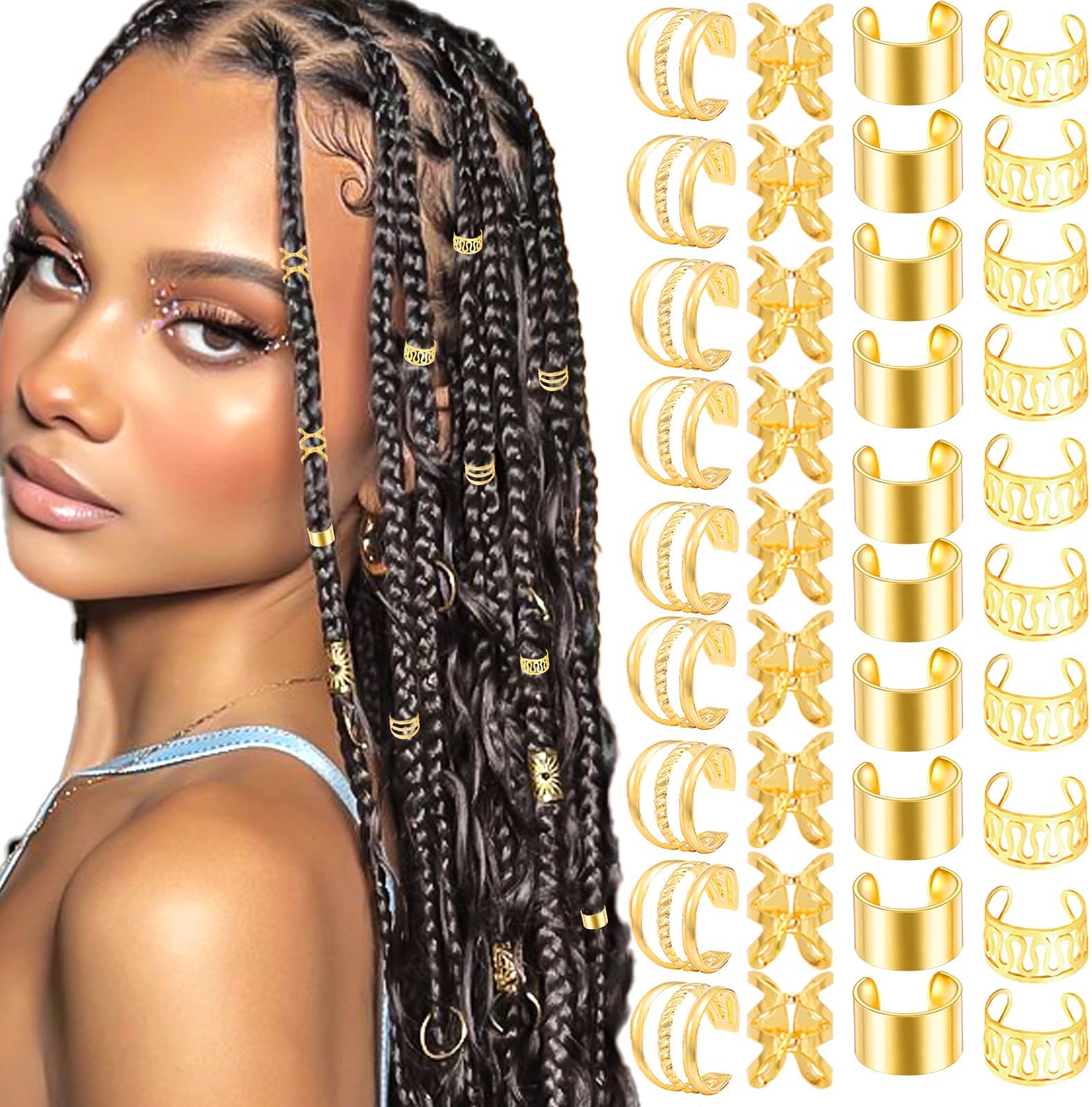Amazon.com : VENOFEN 40PCS Hair Jewelry for Braids Gold Hair Cuffs Multi Style Rings Adjustable ...
