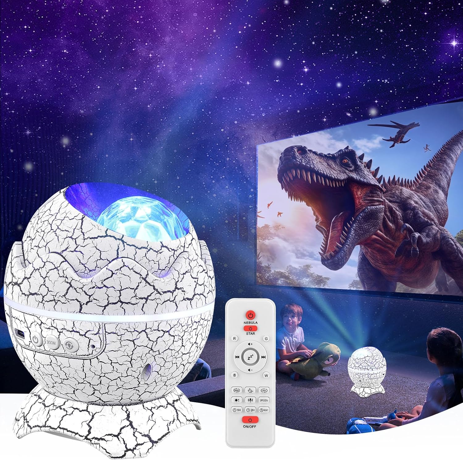 Dinosaur Egg Galaxy Star Projector with Remote Control, 19 White Noise ...