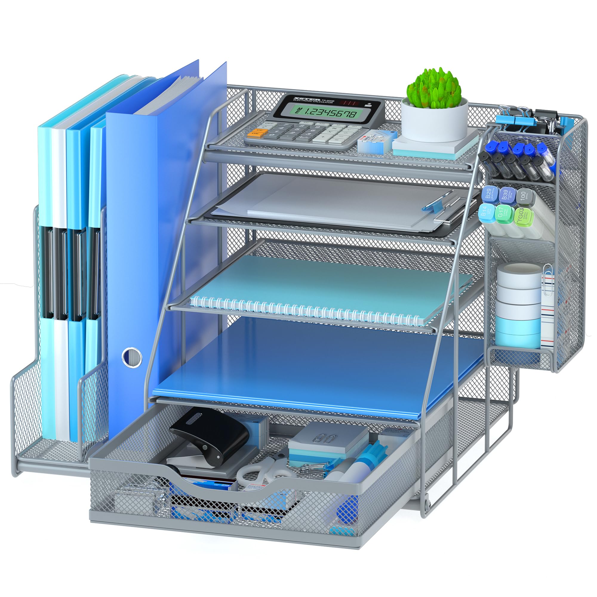Silver Desk Organizer and Accessories Storage with 5-Tier Paper Letter ...