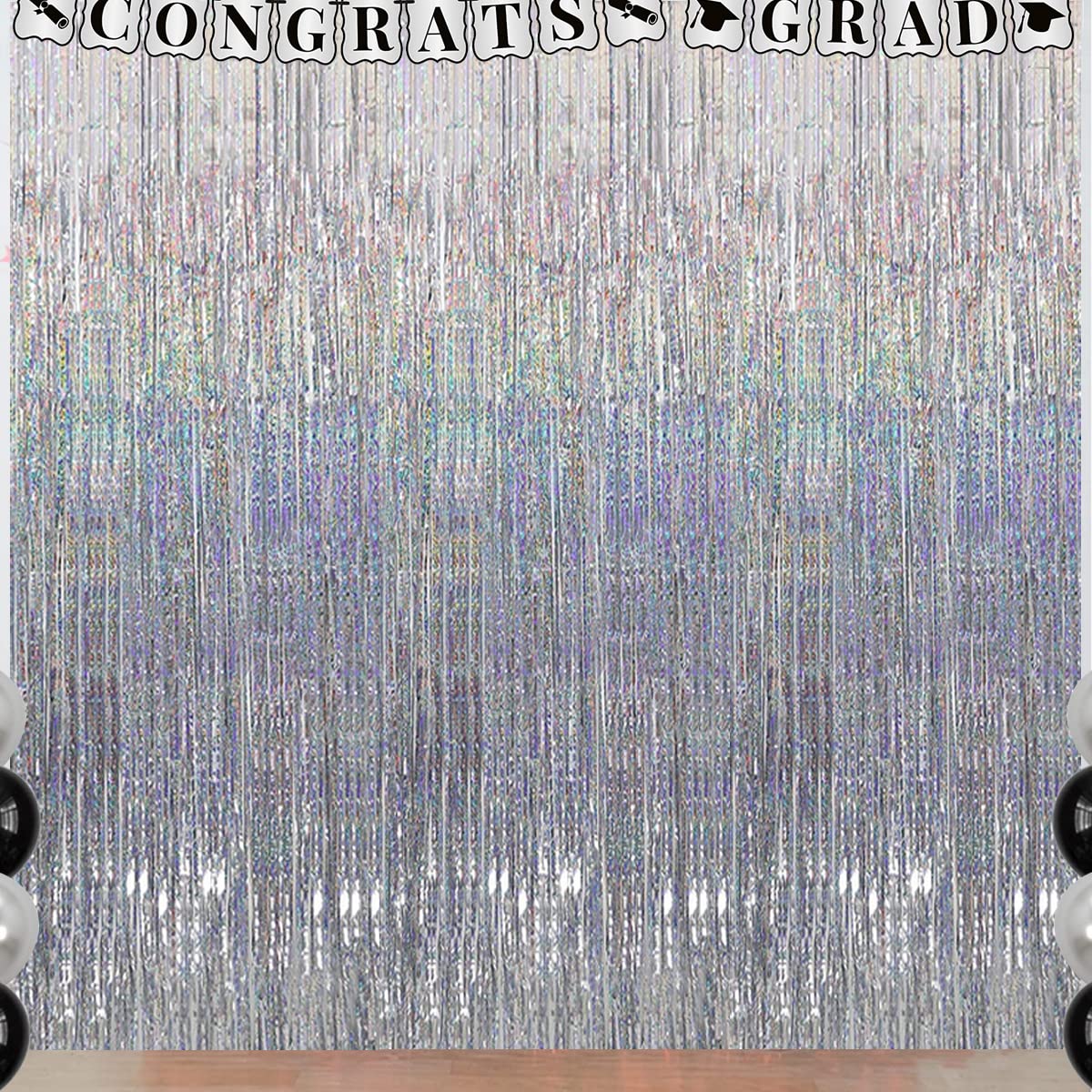 Amazon.com: Silver Tinsel Fringe Curtains, Silver Birthday Backdrop ...