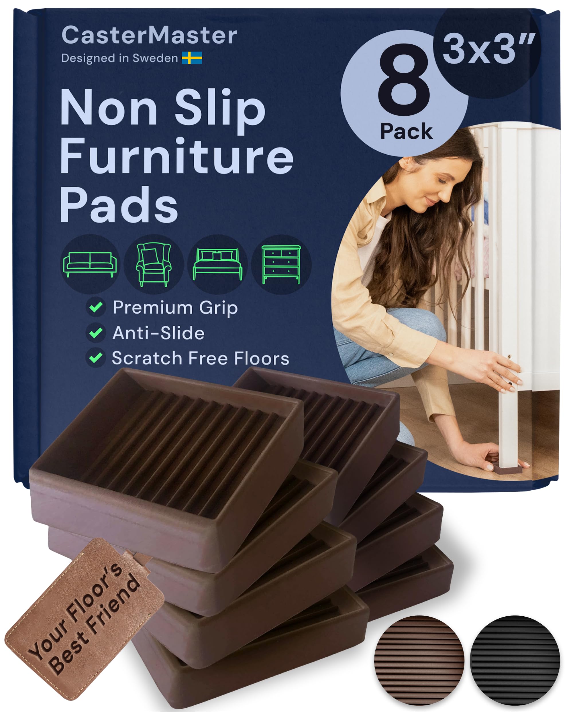 CasterMaster Non Slip Furniture Pads- 3x3 Square Rubber Anti Skid ...