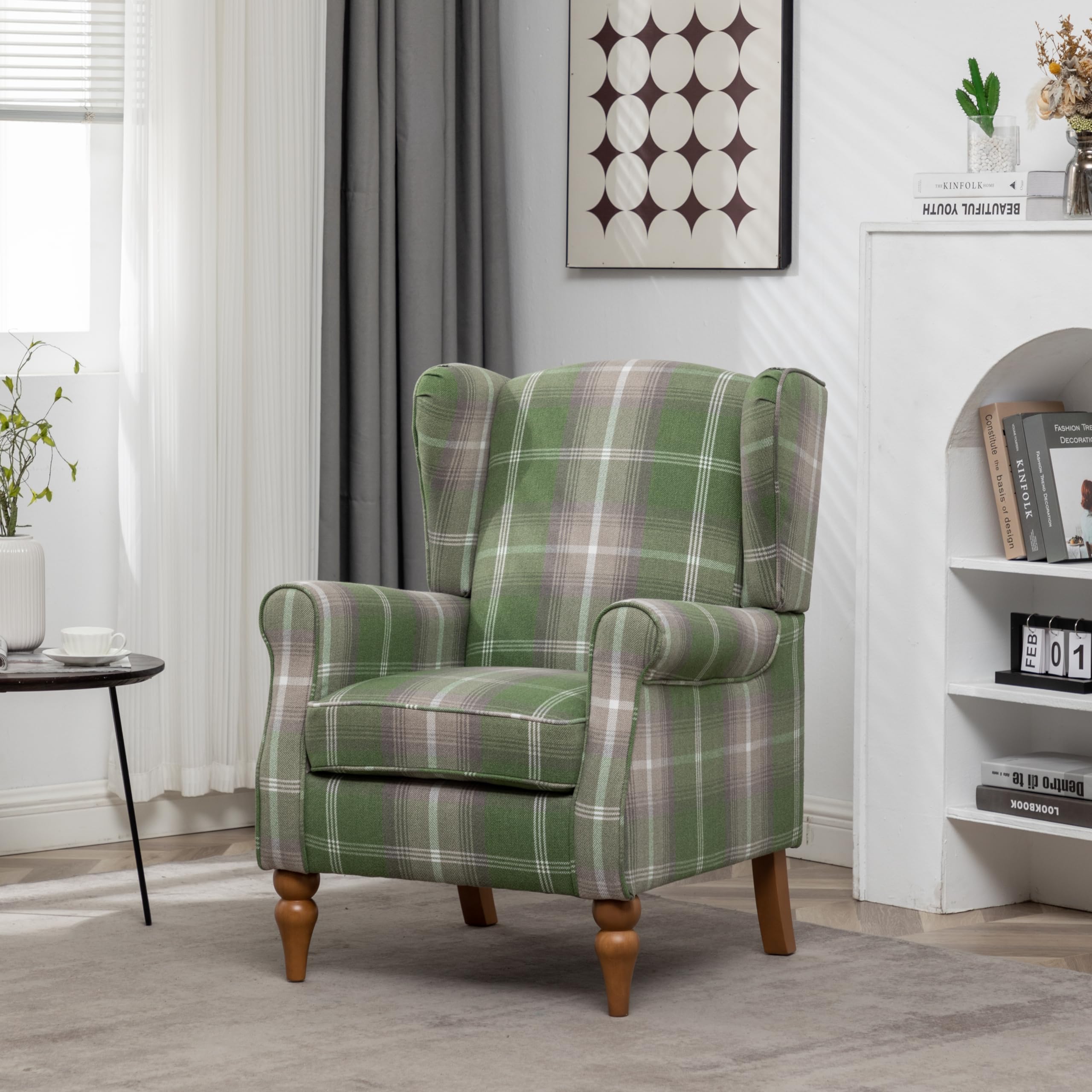 Retro Accent Chair, Wingback Tartan Armchair Soft Padded, Retro Check ...