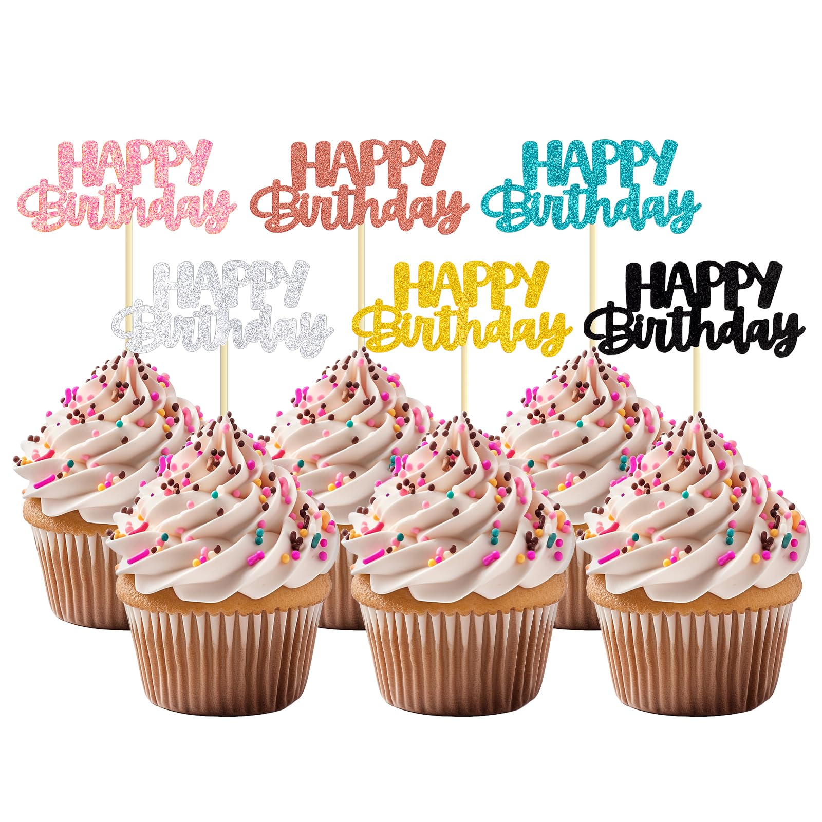 Amazon.com: 24Pcs Rainbow Happy Birthday Cupcake Toppers Glitter Birthday Cake Topper Picks ...