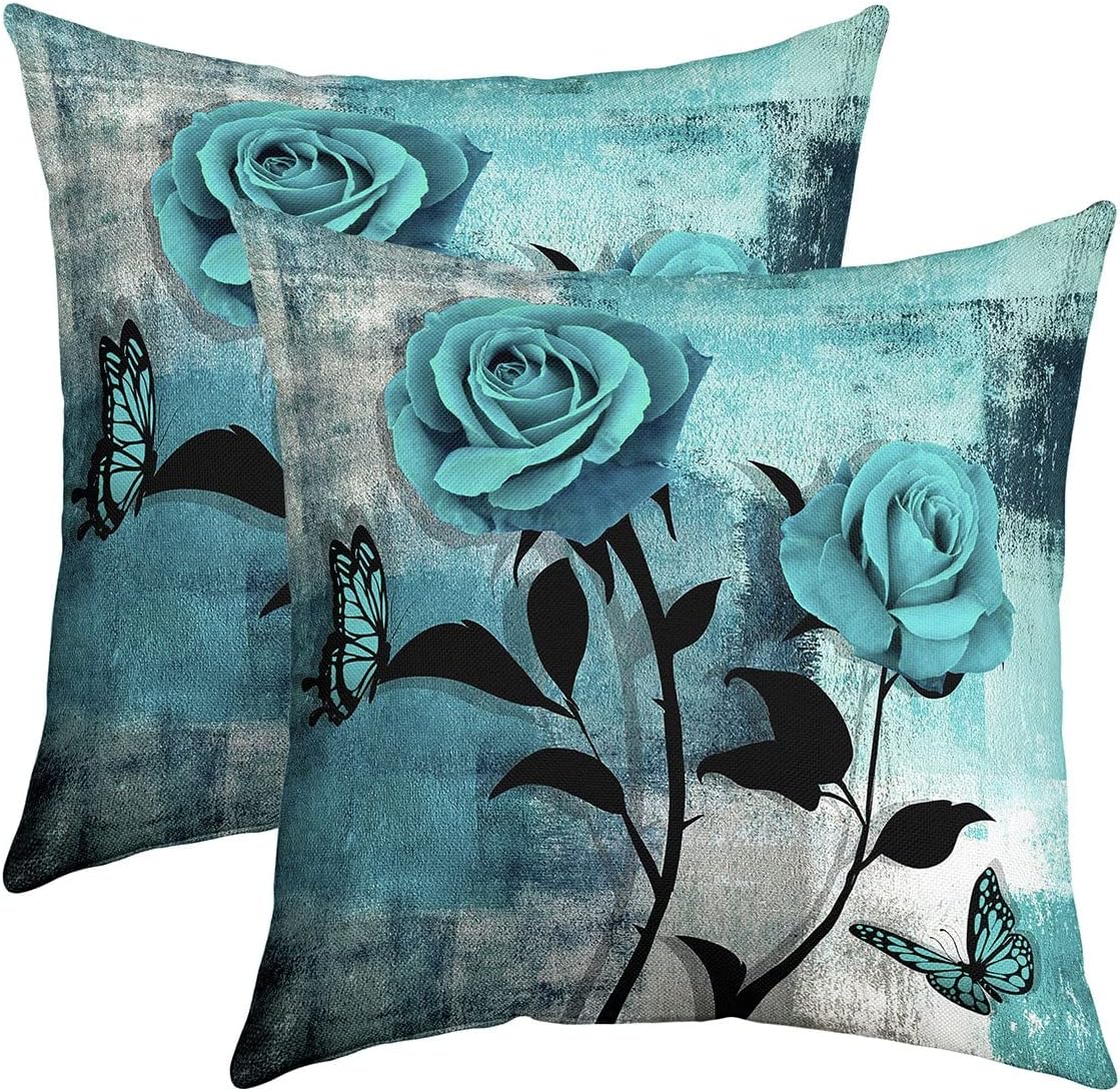 Teal Blue Cushion Covers 16x16 set of 2,Turquoise Ombre Rose Accent ...