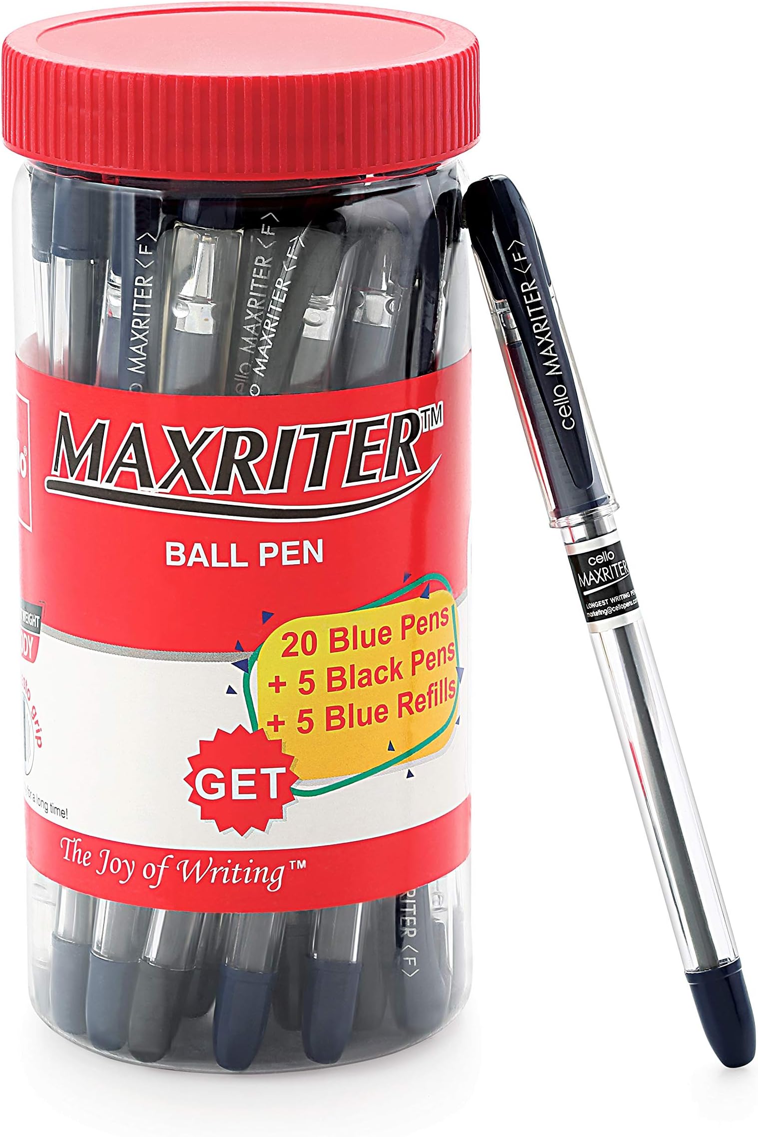 Cello Maxriter Ball Pens | Jar with 20 Blue Pens + 5 Black Pens + 5 ...