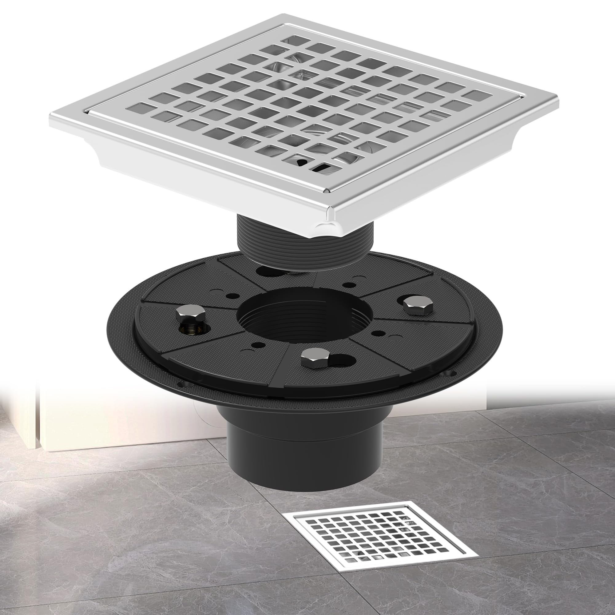 Nuvium 6" Square Floor Shower Drain, Silver 304 Stainless Steel Shower ...