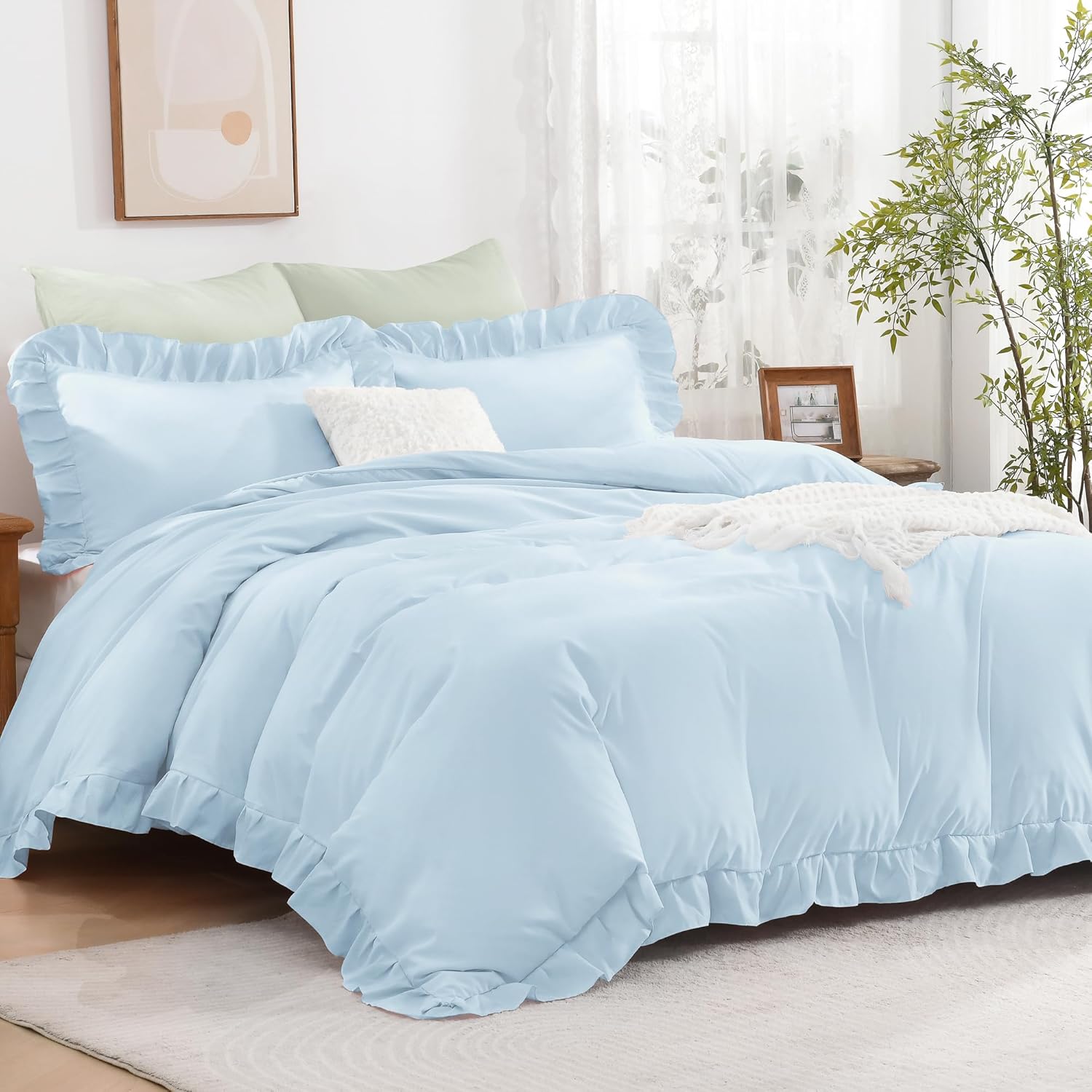 Amazon.com: Andency Light Blue Ruffle Duvet Cover Full(79x90Inch), 3 ...