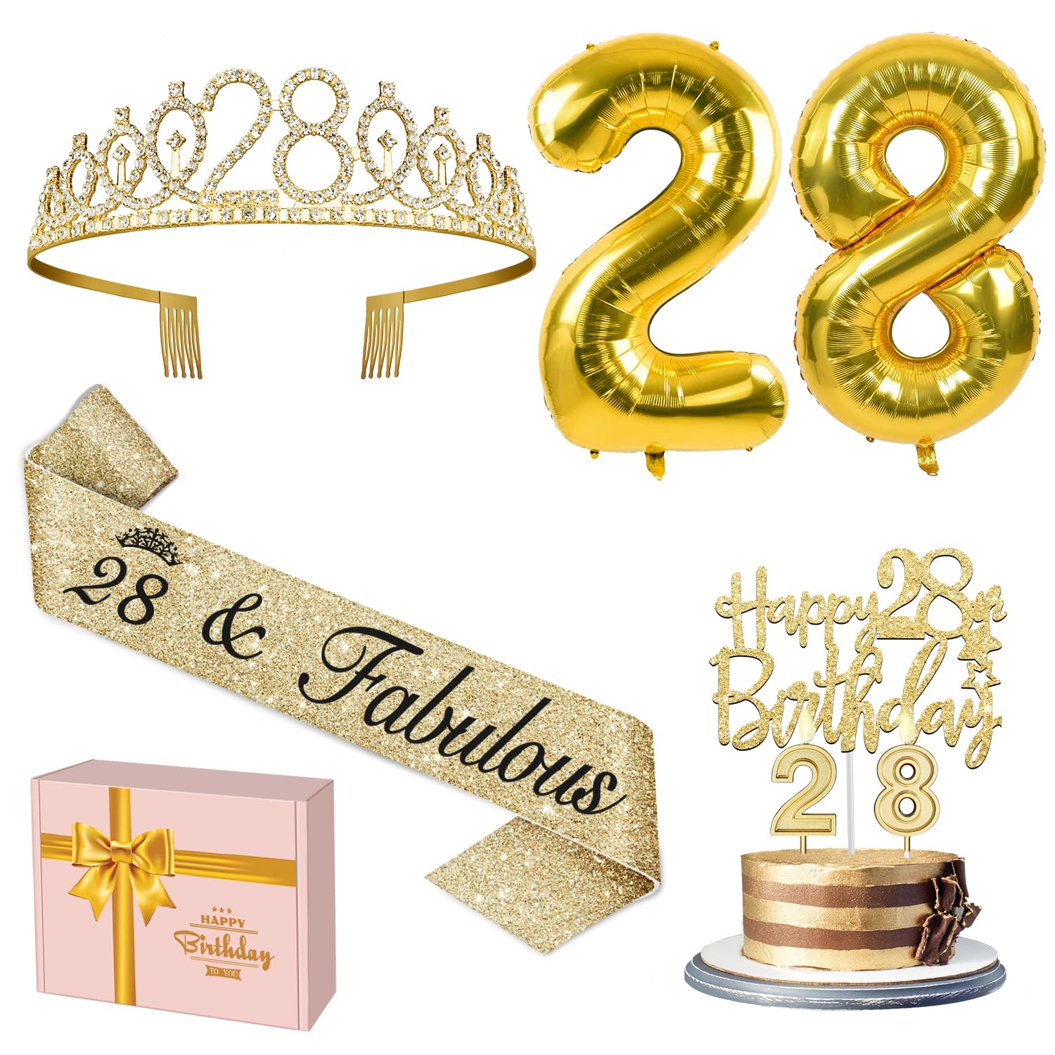 Amazon.com: 28th Birthday Decorations for Women Gold Set with 28th ...