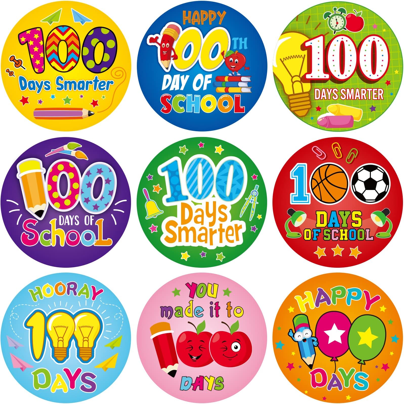 Amazon.com: durony 300 Pieces 100 Days of School Stickers 6 Designs ...