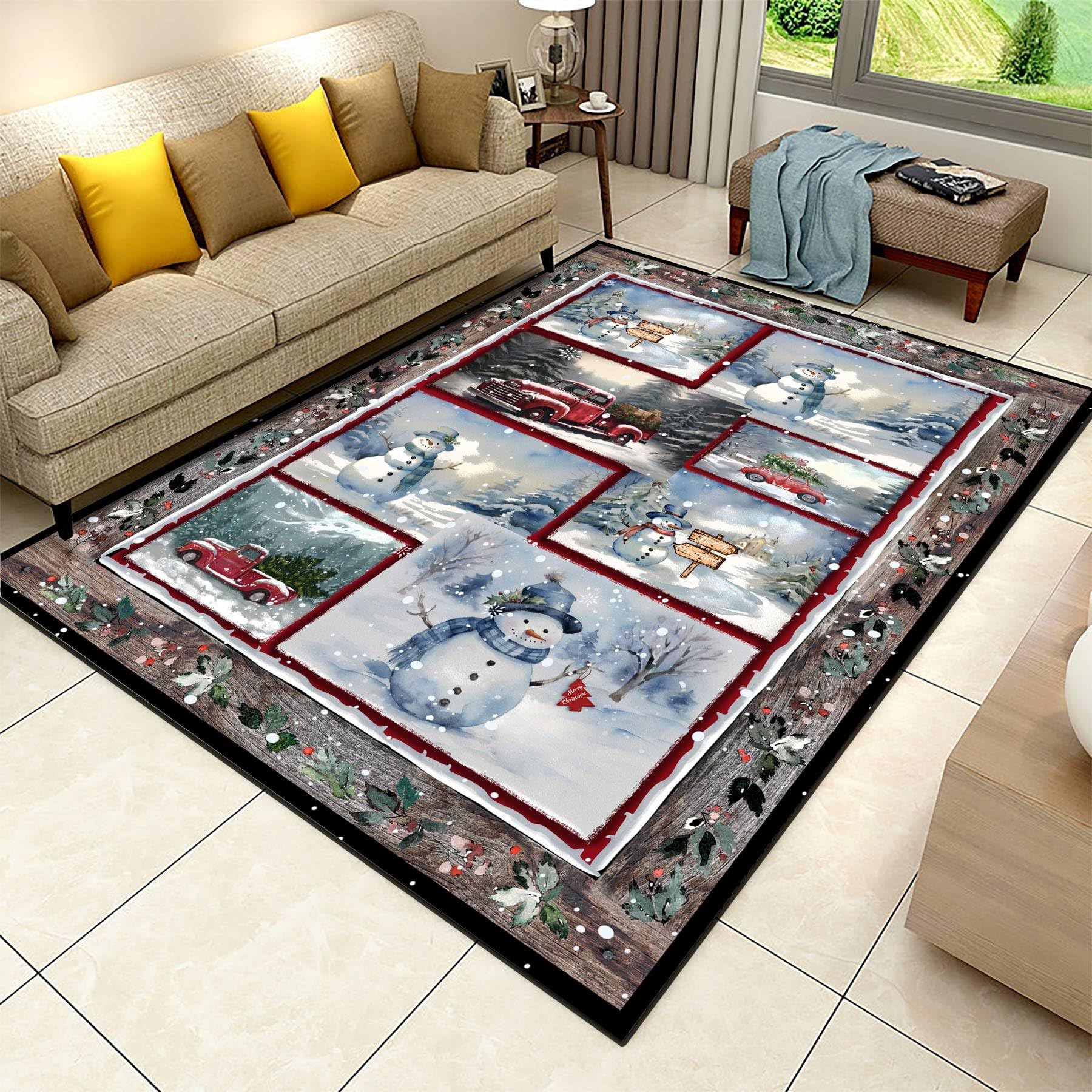 Amazon.com: Christmas Area Rug, 4x5ft,Red Truck Winter White Snowman ...