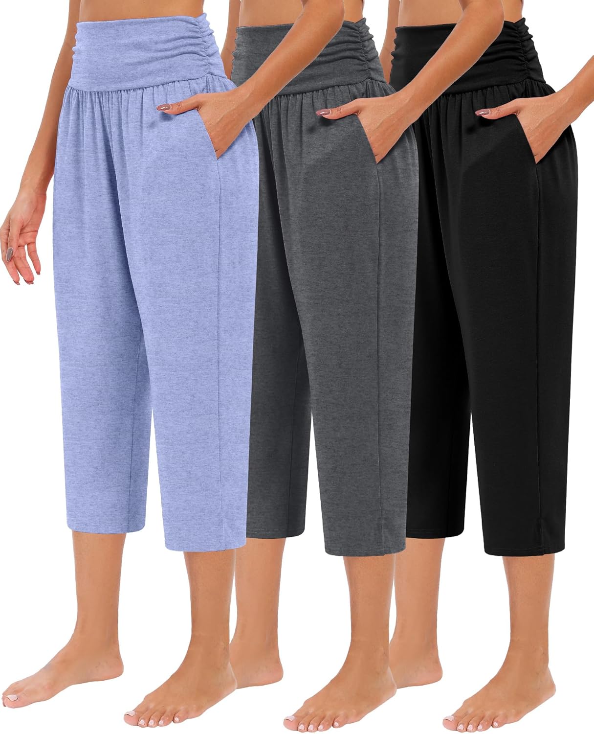 Amazon.com: Neer 3 Pcs Women's Capri Yoga Pants Wide Leg Casual Crop ...