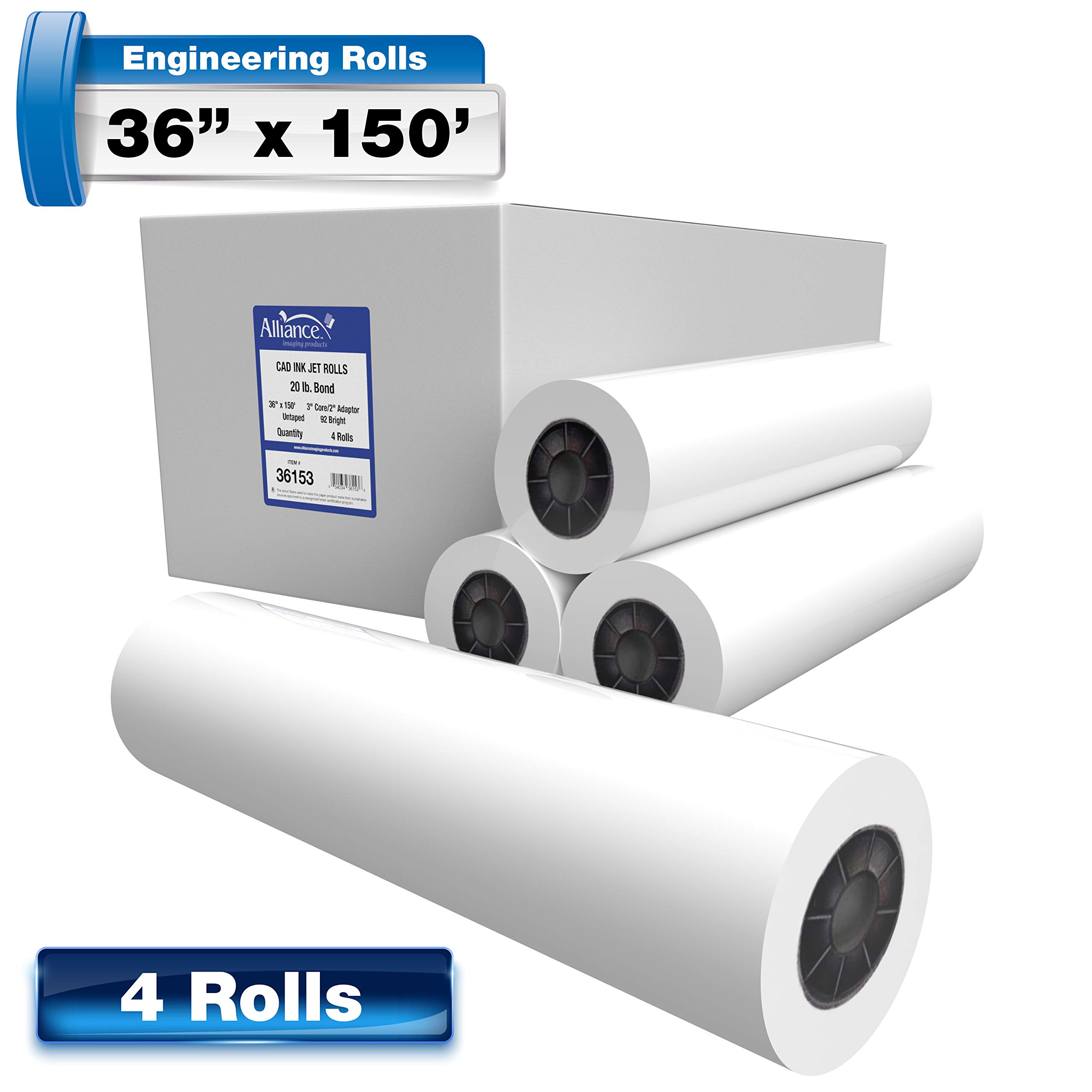 Alliance Wide Format Paper CAD Bond Rolls (20lb | 4 Rolls, 36 In x 300 ...