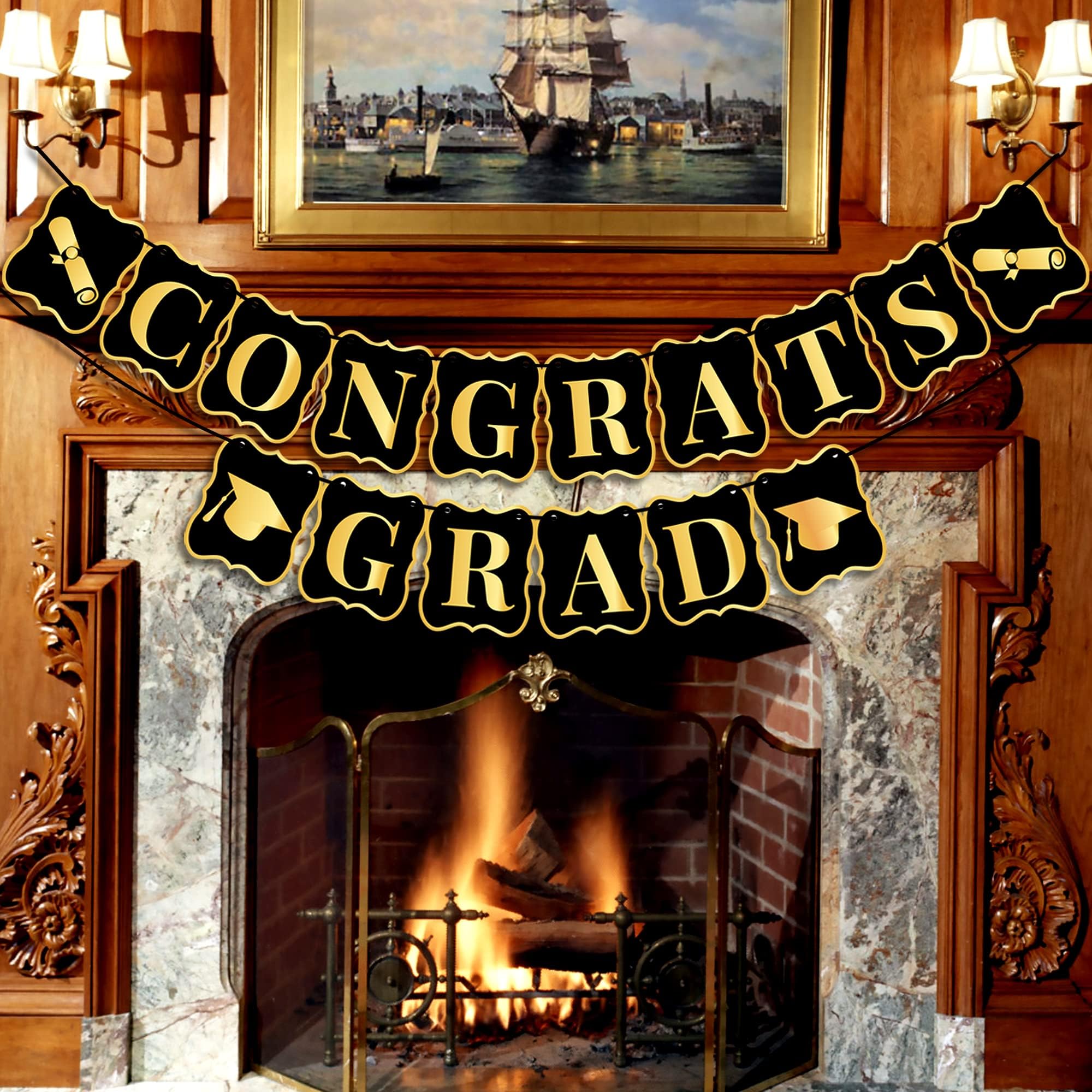 Amazon.com: Graduation Party Decorations Black Gold Porch Sign Banner ...