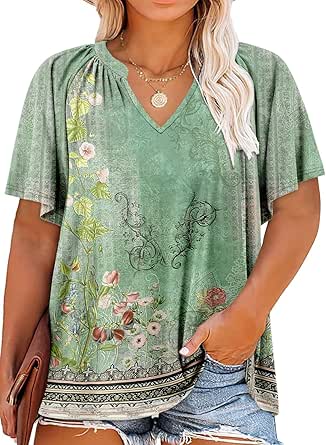 YAV XL Boho Tops for Women Plus Size V Neck Flutter Sleeve Top Summer ...