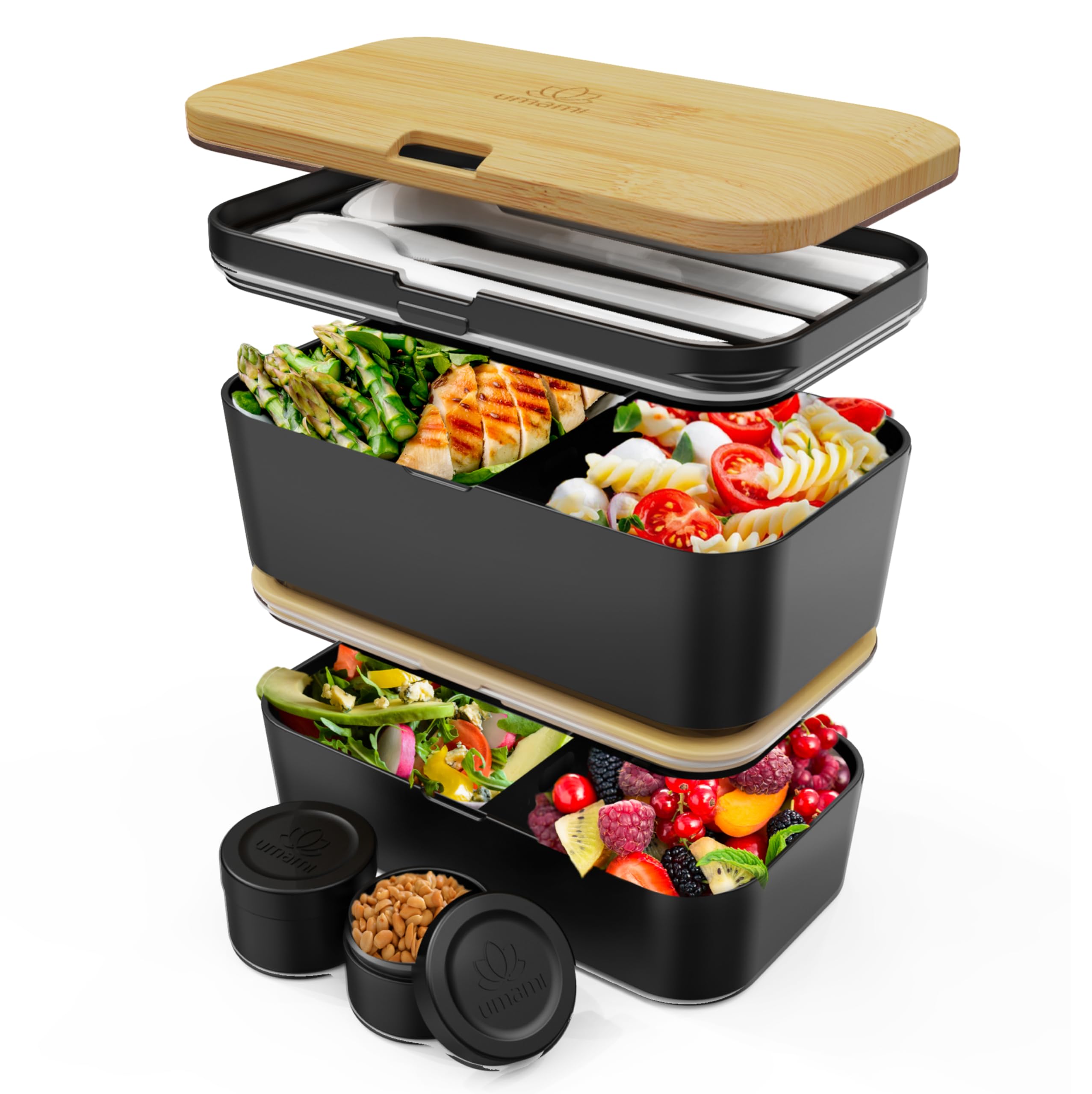 Umami Bento Box para adultos, color negro y bambú, 40 onzas, apto para ...